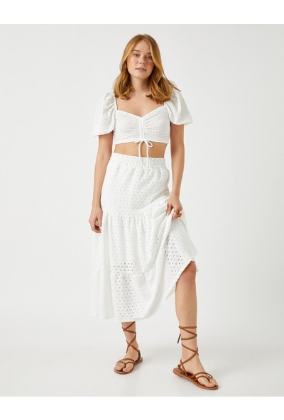 Koton 2YAK73413EK Normal Bel Diz Altı Koyu Beyaz Kadın Etek