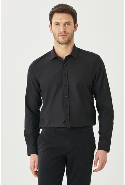 Slim Fit Dar Kesim Klasik Gömlek Yaka Armürlü Gömlek