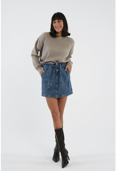 Cross Jeans Orta Mavi Beli Lastikli ve Kemerli Yüksek Bel Mini Etek C 4533-016 Cross Jeans Orta Mavi Beli Lastikli ve Kemerli Yüksek Bel Mini Etek C 4533-016