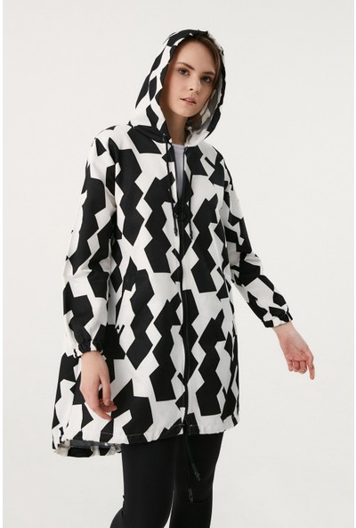 FullaModa Geometrik Desenli Kapüşonlu Trençkot