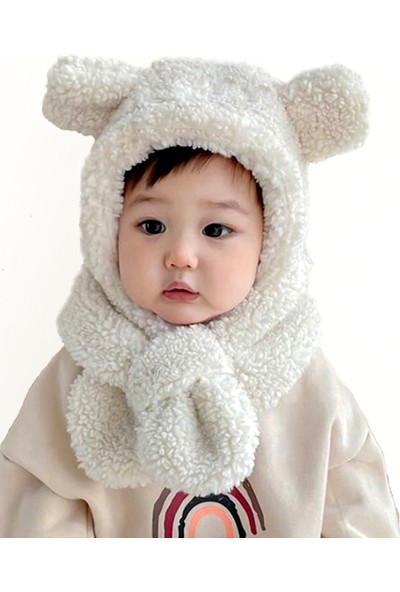 Bundera Avis Beyaz Çocuk Kapşonlu Peluş Bere Atkı Welsoft Boyunluk Rüzgar Geçirmez Kulaklı Şapka