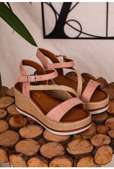 7erbilden Larisa Pudra Süet Hasır Detaylı Sandalet