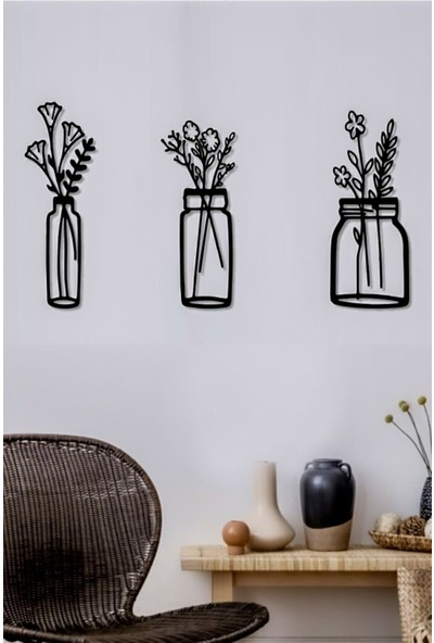 Aray Lazer Saksılar ve Çiçekler 3'lü Ahşap Duvar Süsü Duvar Süsü