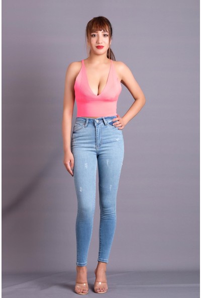 Questo Kadın Açık Mavi Full Likralı Yüksek Bel Jean Lazer Kot Pantolon ORI0-134