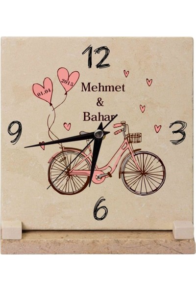 Hediye Rengi Kişiye Özel Baskılı Masaüstü Dekoratif Kare Taş Saat - Balonlu Bisiklet