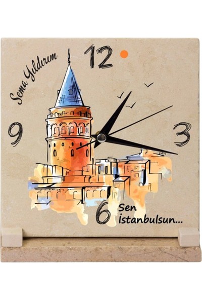 Hediye Rengi Kişiye Özel Baskılı Masaüstü Dekoratif Taş Masa Saati - Galata Kulesi Hediye Rengi Kişiye Özel Baskılı Masaüstü Dekoratif Taş Masa Saati - Galata Kulesi