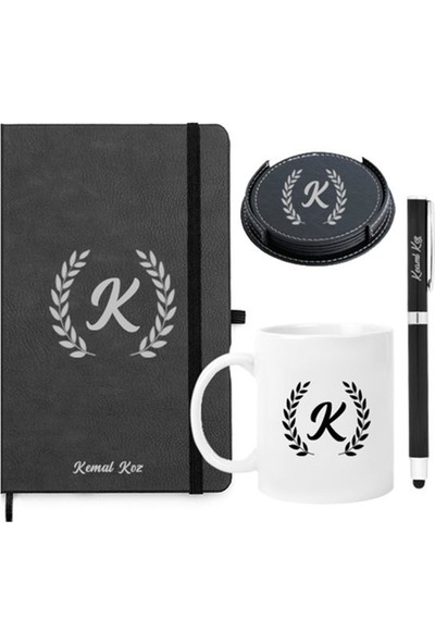 Hediye Rengi Isme Özel Harf Tasarımlı defter Kalem 4'lü Bardak Altlığı ve Kupa Bardak Ofis Seti Hediye Rengi Isme Özel Harf Tasarımlı defter Kalem 4'lü Bardak Altlığı ve Kupa Bardak Ofis Seti