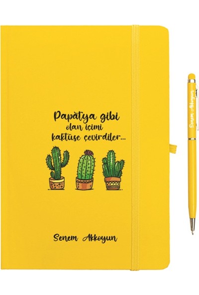 Hediye Rengi Isme Özel Kaktüs temalı defter ve Kalem Seti - Sarı Hediye Rengi Isme Özel Kaktüs temalı defter ve Kalem Seti - Sarı