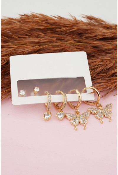 By Zeyna Aksesuar Kadın Kararmaz Altın Kaplama Kelebek Figürlü 6'lı Zirkon Set Küpe By Zeyna Aksesuar Kadın Kararmaz Altın Kaplama Kelebek Figürlü 6'lı Zirkon Set Küpe