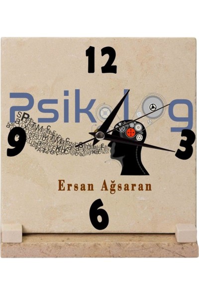 Hediye Rengi Kişiye Özel Baskılı Masaüstü Dekoratif Kare Taş Saat - Psikolog