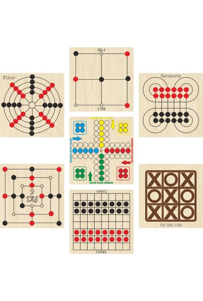 Ahtek Ahşap Zeka ve Strateji Oyun Seti 7 Li, Kızma Birader+Dama+3 Taş+9 Taş+Bihar+Surakarta ve Tic-Tac-Toe