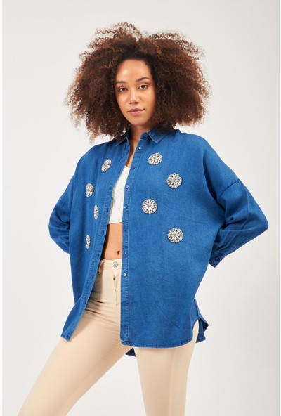 Coral Önü Taşlı Kot Gömlek Lacivert