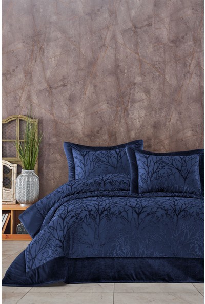 Elart Elart yatak Örtüsü Takımı Çift Kişilik Elyaf Dolgulu Pano Kadife Bahar Lacivert