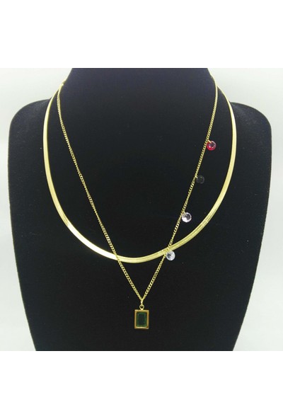 Peri Takı Çelik Italyan Ikili Zincir Kolye, Tekli Yeşil Baget, Dörtlü Renkli Zirkon