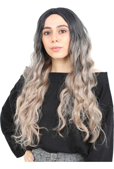 Colezium Fiber Sentetik Uzun Su Dalgası Peruk - Siyah / Küllü Platin Ombreli Colezium Fiber Sentetik Uzun Su Dalgası Peruk - Siyah / Küllü Platin Ombreli