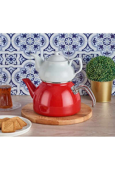 Neva NV10043 Porselen Demlikli Kırmızı Emaye Çaydanlık Takımı