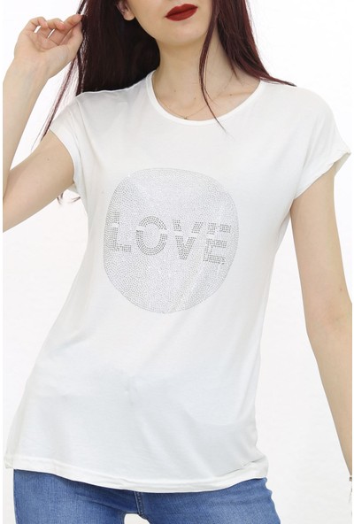 Modaymış Love Incili Tişört Ekru - 7507.599.