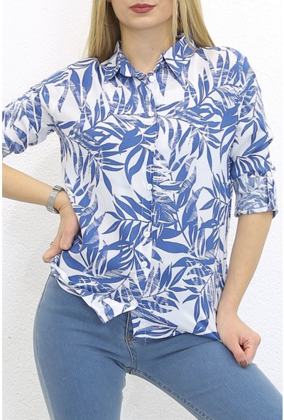 Modaymış Kolu Katlamalı Gömlek Mavi - Beyaz - 8577.128. Modaymış Kolu Katlamalı Gömlek Mavi - Beyaz - 8577.128.