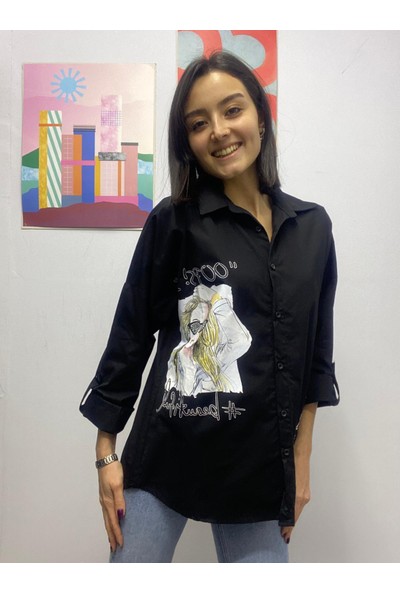 Renkli Store Oversize Sunglass Baskılı Siyah Gömlek Renkli Store Oversize Sunglass Baskılı Siyah Gömlek