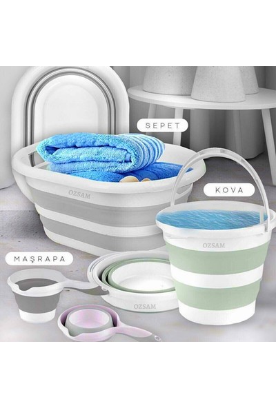 Ozsam 3'lü Set Katlanır Çamaşır Sepeti - Katlanabilir Akordiyon Su Kovası - Katlanır Koçero Maşrapa Sele Ozsam 3'lü Set Katlanır Çamaşır Sepeti - Katlanabilir Akordiyon Su Kovası - Katlanır Koçero Maşrapa Sele