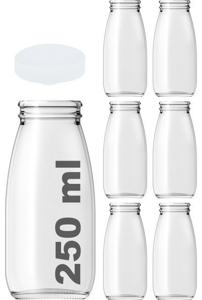 Afracam Süt Ayran Şişesi Şeffaf 250 ml Plastik Kapaklı Boş Cam Şişe 6 Adet