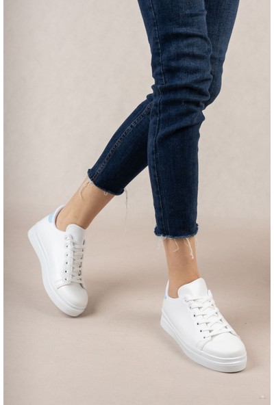 Jomoti Beyaz Arkası Mavi Bağcıklı Spor Ayakkabı