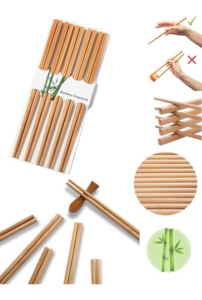 İnfeta 10 Çift - 20 Adet Yıkanabilir Organik Bambu Çin Yemek Çubuğu Chopsticks