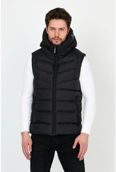 Danger Erkek Kapüşonlu Yaka Garnili Spor Şişme Yelek Siyah