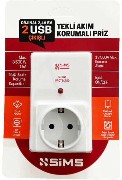 Sims Akım Korumalı 2.4A Ikili Usb'li Tekli Priz Beyaz