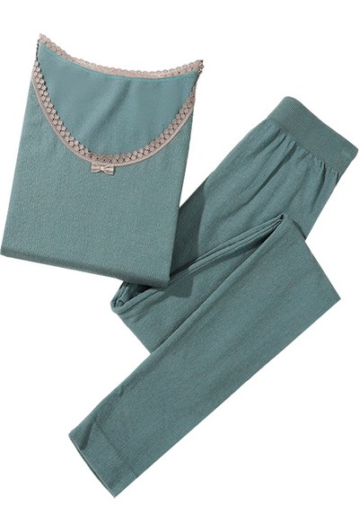 Yuvarlak Yakalı Doğal Isıtmalı ve Sıcak Tutan Bayan Takım Elbise-Yeşil