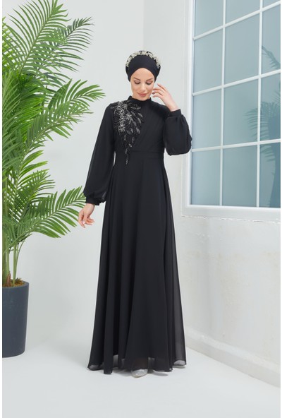 Moda Echer Güpür Detaylı Şifon Tesettür Abiye Elbise 7773