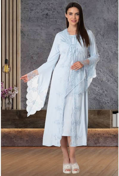 Mecit Pijama 5536 Mavi Dantelli Kadın Sabahlık