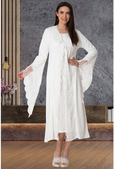 Mecit Pijama 5536 Ekru Dantelli Kadın Sabahlık
