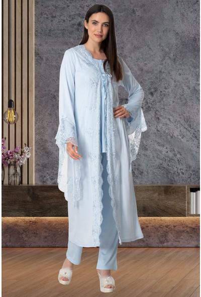 Mecit Pijama 5563 Mavi Dantelli Sabahlıklı Lohusa Pijama Takımı Mecit Pijama 5563 Mavi Dantelli Sabahlıklı Lohusa Pijama Takımı