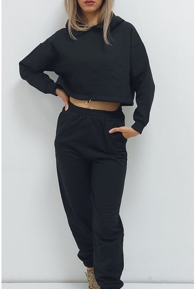 Colezium Kapüşonlu Içi Tüylü Crop Eşofman Takımı Siyah