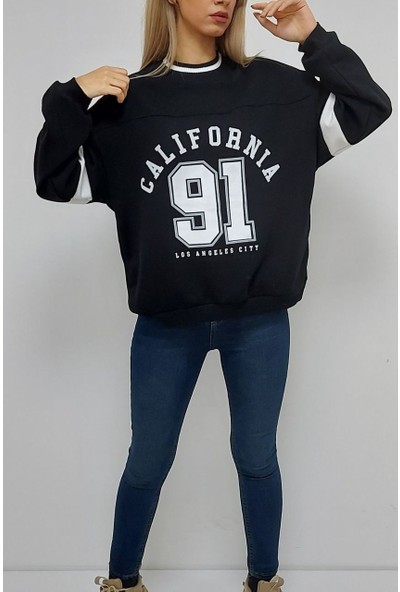 Trdeikons California Baskılı Kolej Yaka Oversize Içi Tüylü Sweatshirt Siyah