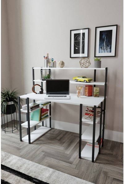 Gardenya Home Siyah Beyaz 10 Bölmeli Alt ve Üst Raflı Dekoratif Ofis Çalışma Masası
