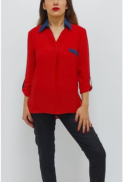 Trdeikons Pensli Mavi Yakalı Gömlek Kırmızı