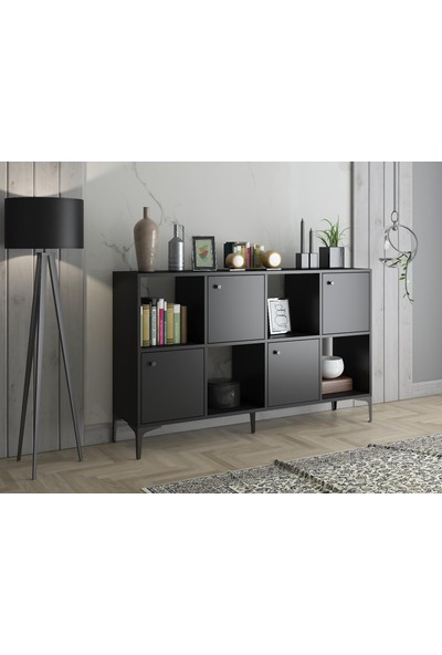 Wood'n Love Satürn Premium 4 Kapaklı Metal Ayaklı Çok Amaçlı Dolap Konsol - Siyah / Siyah