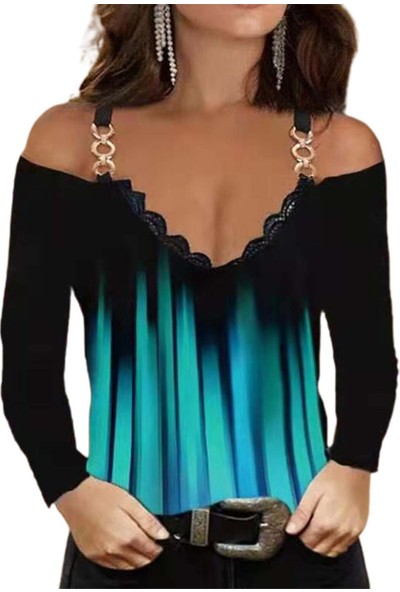 Farfi Şık Kadınlar Bluz Degrade Renk Baskı Uzun Kollu Kadınlar Patchwork Bluz (Yurt Dışından)