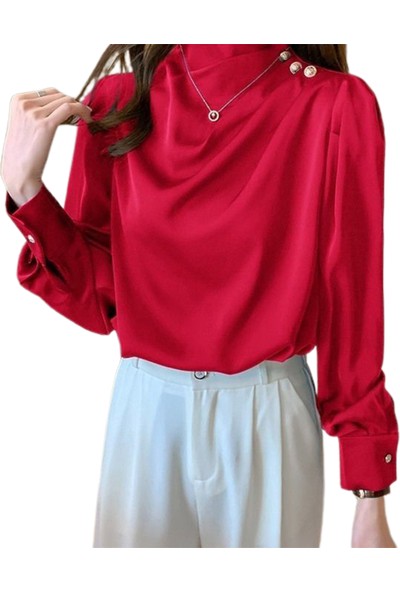 Farfi Şık Kazak Bluz Yıkanabilir Standı Yaka Düzenli Düğme Katı Kadın Gömlek Açık (Yurt Dışından)