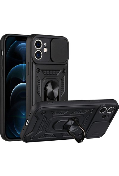 Case 4U Apple iPhone 11 Kılıf Kamera Korumalı Sürgülü Vega Yüzüklü Armor Military Tank Zırh Siyah Case 4U Apple iPhone 11 Kılıf Kamera Korumalı Sürgülü Vega Yüzüklü Armor Military Tank Zırh Siyah