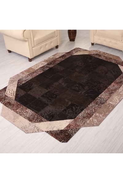 Leopar Baskı Kahve Deri Halı