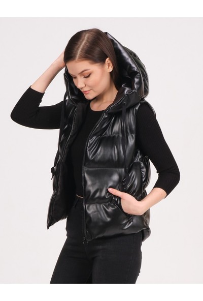 Mascarno Kadın Siyah Deri Şişme Yelek
