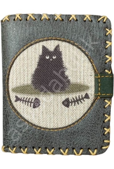 Asyada Butik Kedi Kılçık Desen El Işi Otantik Bohem Cüzdan Petrol Mavi