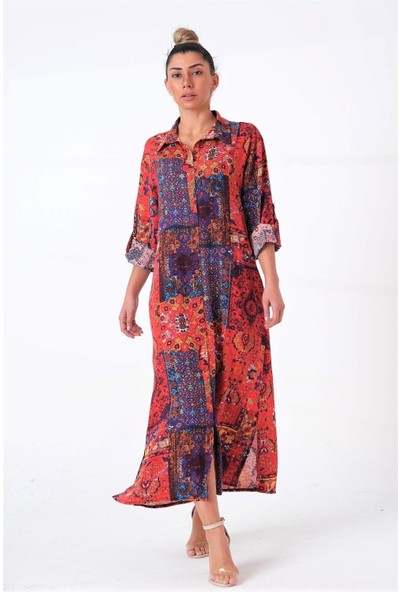 Keyifli Moda Kadın Kırmızı Patchwork Desenli Düğmeli Uzun Gömlek Elbise