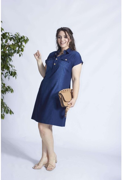 Moda Berray 4035 Düğmeli Cep Detaylı Büyük Beden Kot Elbise