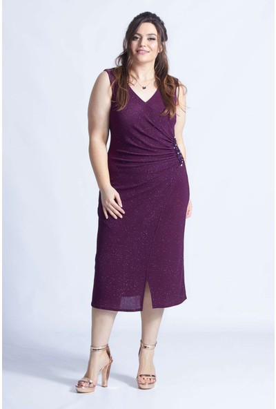 Moda Berray 4048 Mürdüm Simli Esnek Kumaş Beli Işlemeli Büyük Beden Elbise Moda Berray 4048 Mürdüm Simli Esnek Kumaş Beli Işlemeli Büyük Beden Elbise