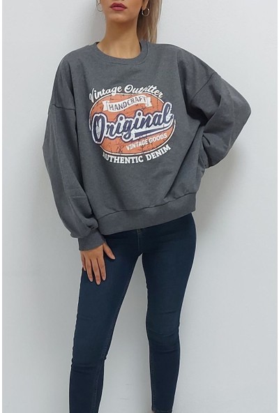 Sue Baskılı Içi Tüylü Oversize Sweatshirt Füme