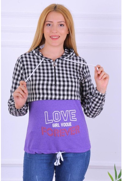 Sue Kapüşonlu Baskılı Oduncu Sweatshirt Mor